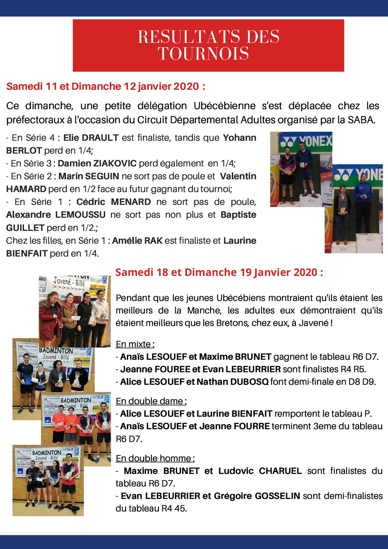 Janvier 2020 – Union Badminton Club de la Baie